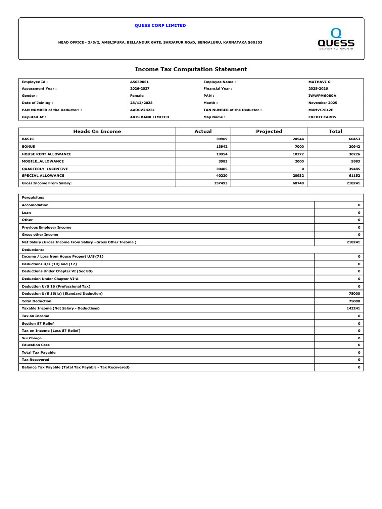 Quess Corp Income Tax Statement 2026-27 | PDF | Employee Benefits | Tax ...