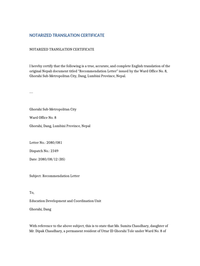 Notarized Translation of Recommendation Letter | PDF