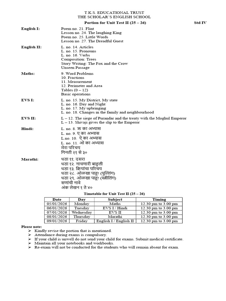 STD IV Portion & Timetable For Unit Test II (25 - 26) | PDF | Language ...
