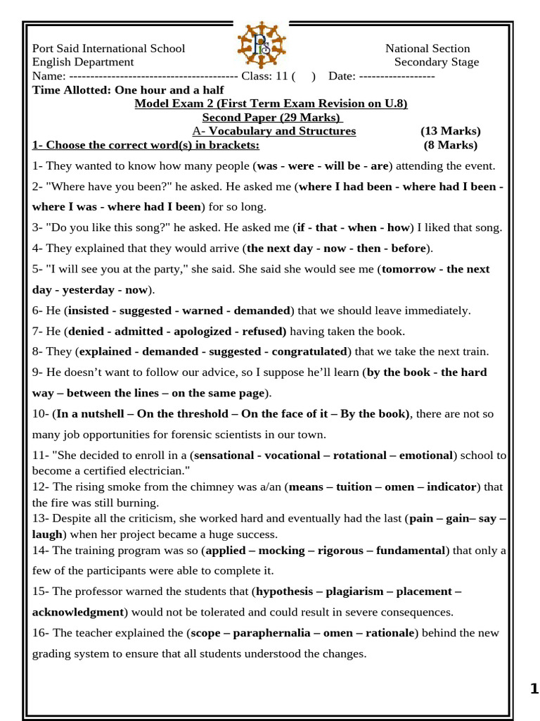 AL Model Exam 2 - G11 - P.2 U.8 | PDF