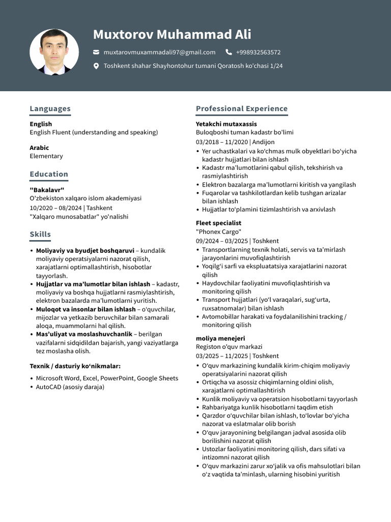 Muxtorov Muhammad Ali FlowCV Resume 20251226 | PDF
