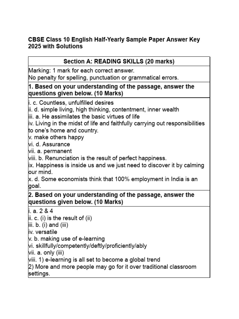 Cbse Class 10 English Half Yearly Sample Paper Answer Key 2025 With ...
