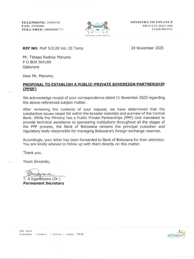 Response Letter From MoF - Mr. Marumo 26 Nov 2025 | PDF
