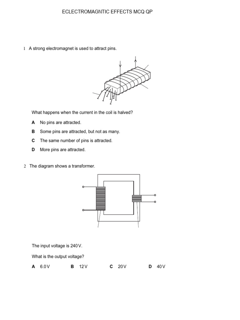 Electromagnetism MCQ Practice Questions | PDF | Transformer | Inductor