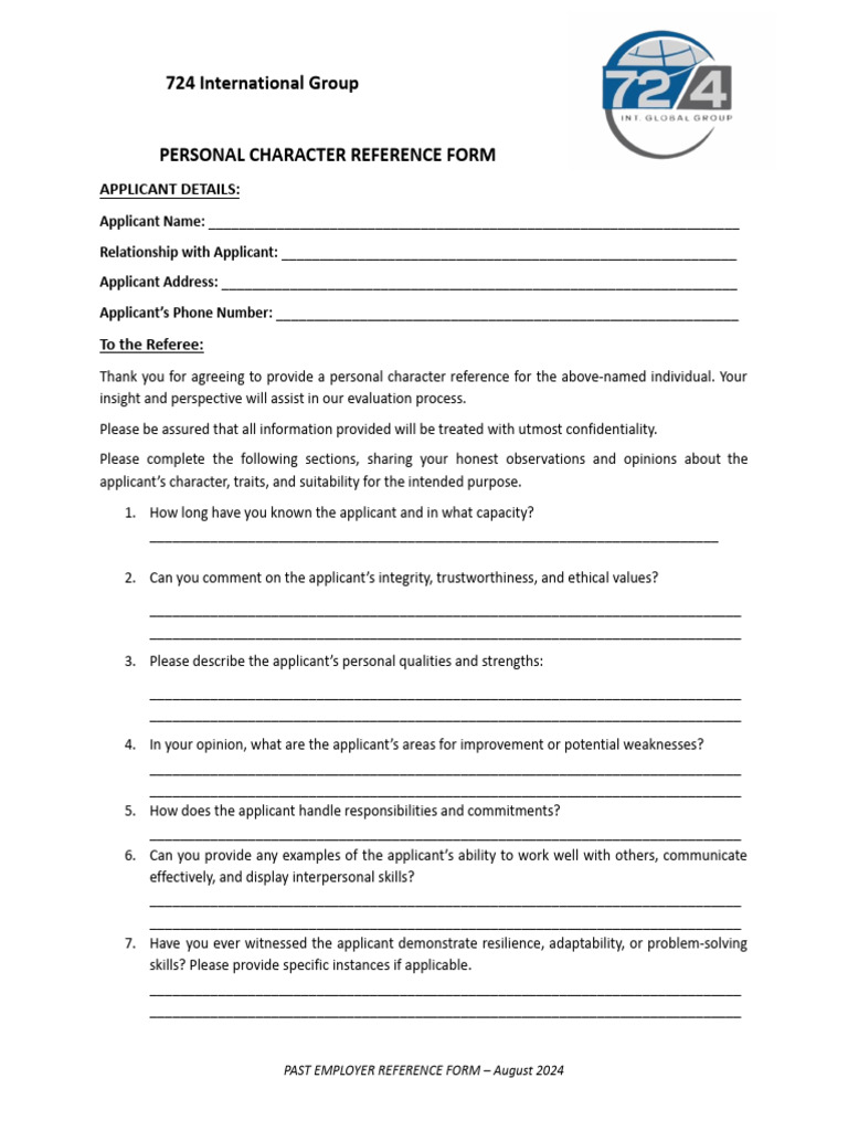 724 Personal Character Reference Form | PDF | Information | Psychology