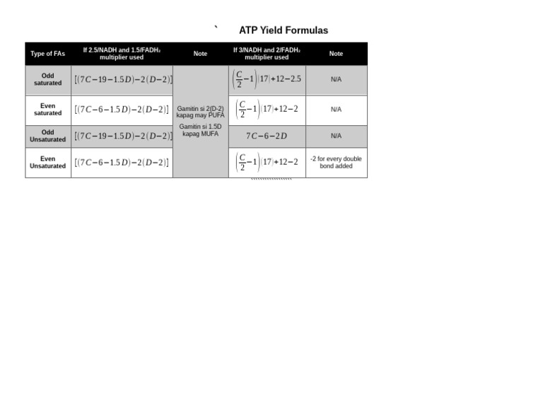 ATP Yield Formulas | PDF