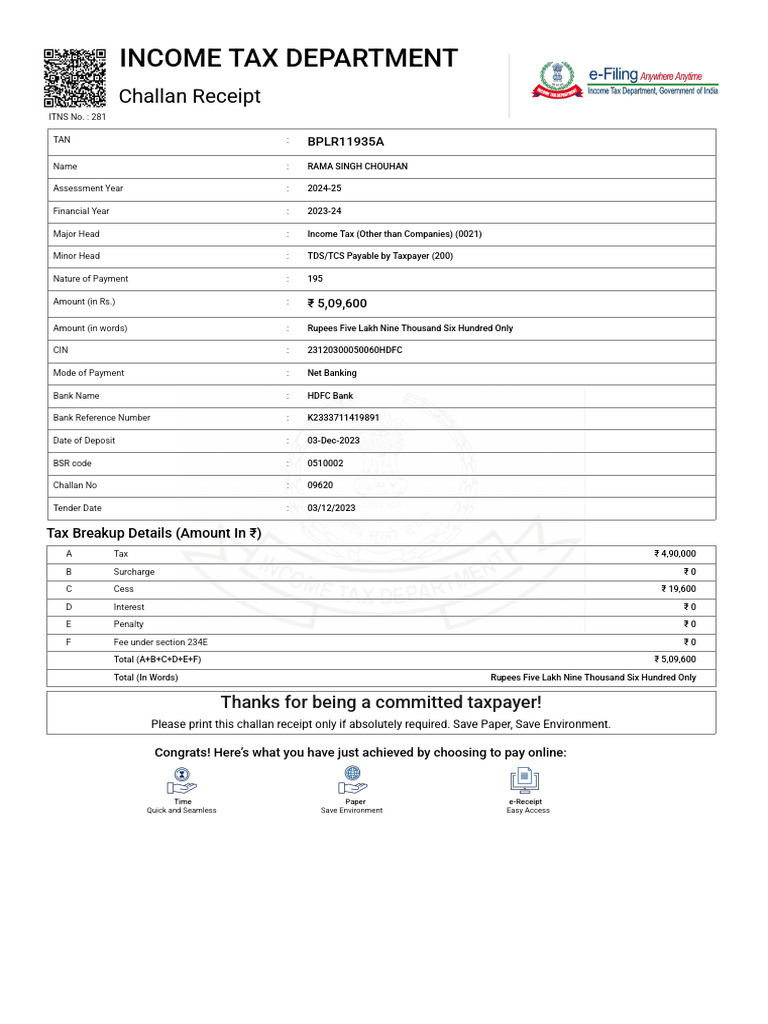 Income Tax Challan Receipt 2024-25 | PDF | Taxes | Money