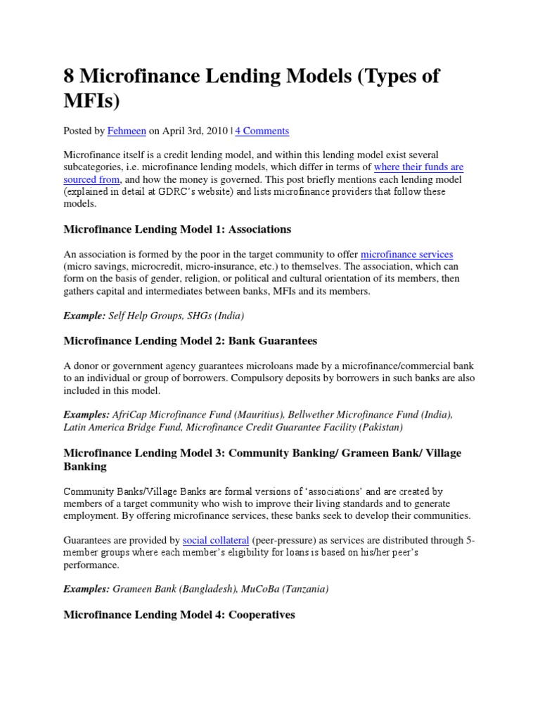 8 Microfinance Lending Models | PDF | Microfinance | Microcredit