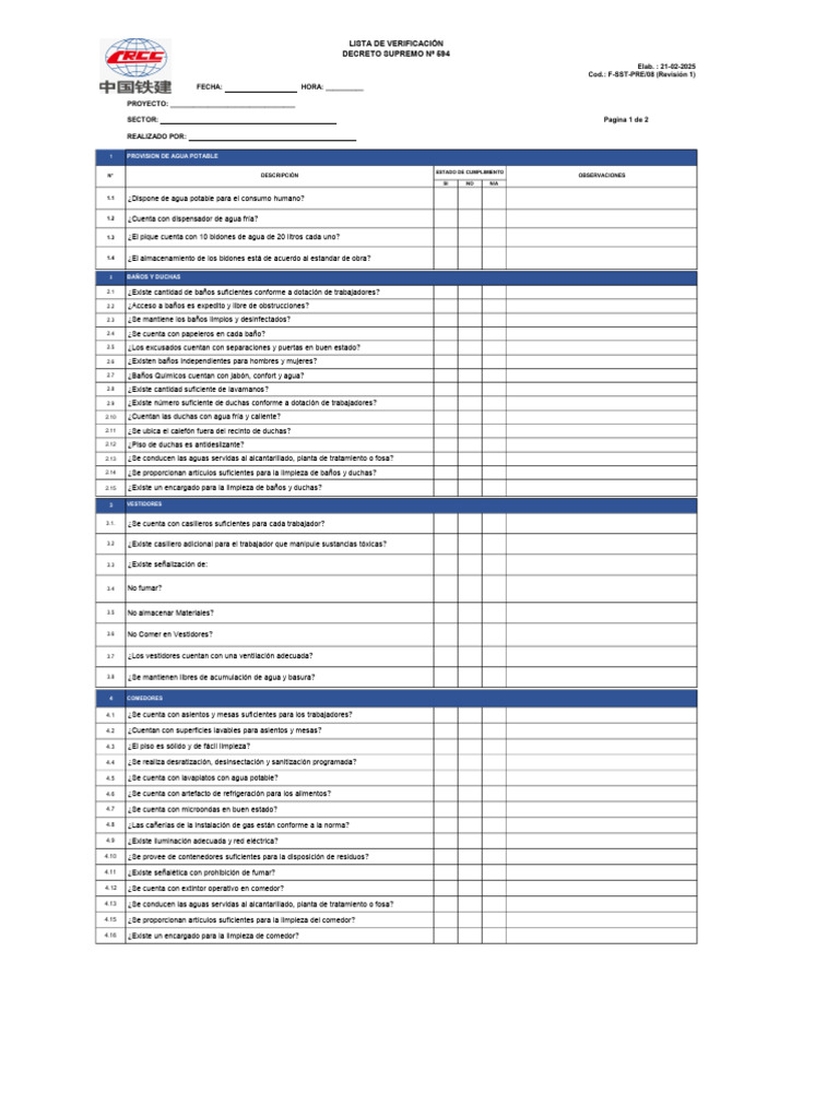 F-SST-PRE08 Lista de Verificacion DS594 Rev.1 | PDF | Agua | Materiales