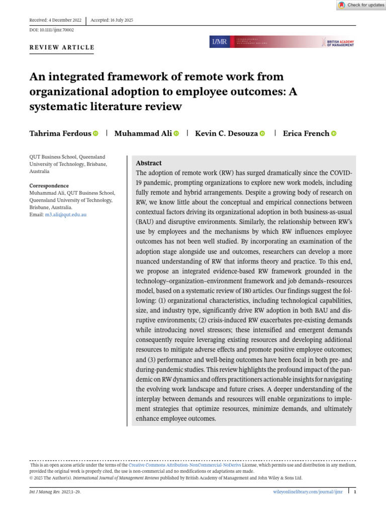 Integrated Framework for Remote Work Outcomes | PDF | Well Being ...