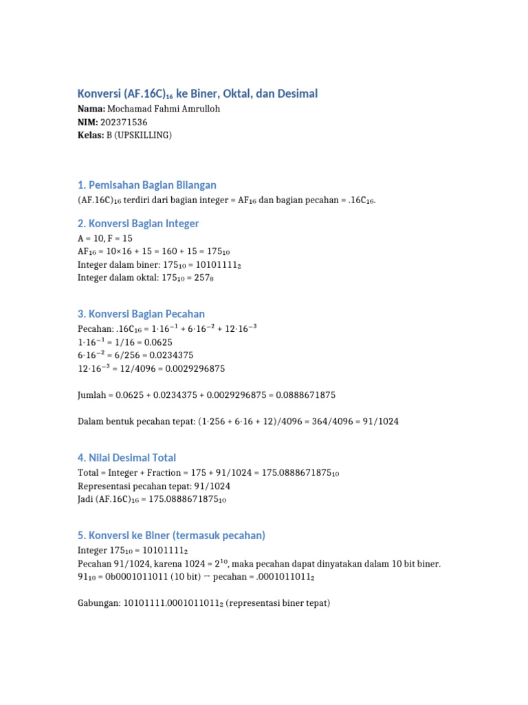 Konversi AF.16C ke Biner, Oktal, Desimal | PDF