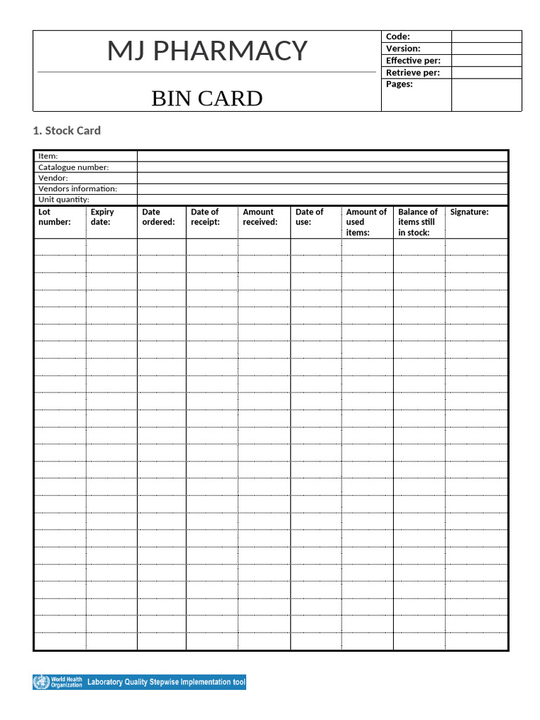 MJ Pharmacy Stock Card Template | PDF