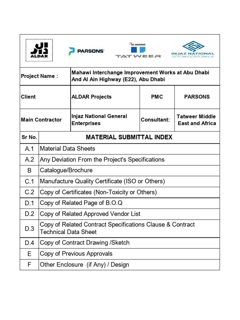 Material Submittal Index Sheet | PDF