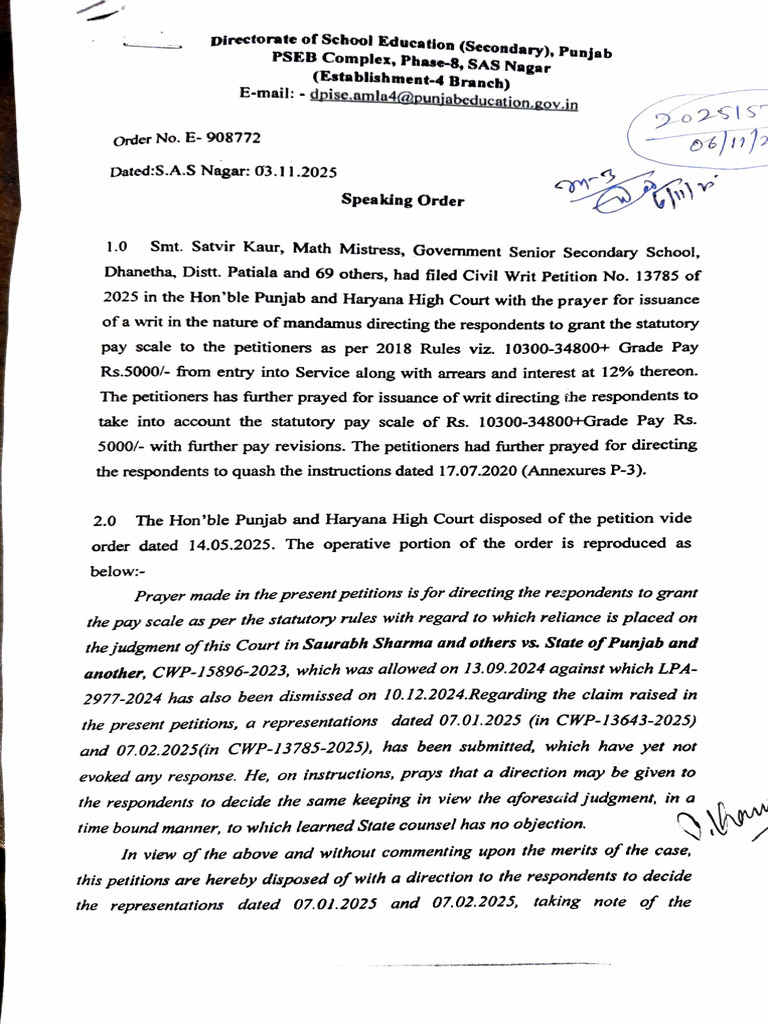 Speaking Order 03.11.2025 Giving 5th PPC Payscale Education Dept in CWP ...