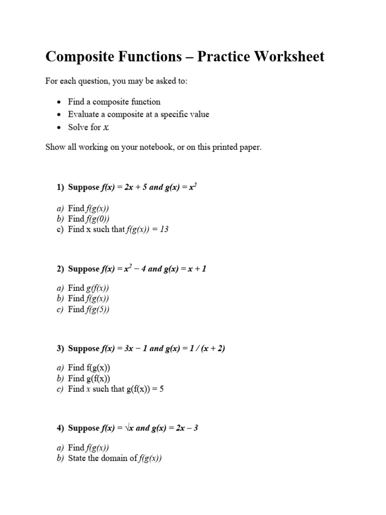 Composite Functions Practice Worksheet | PDF