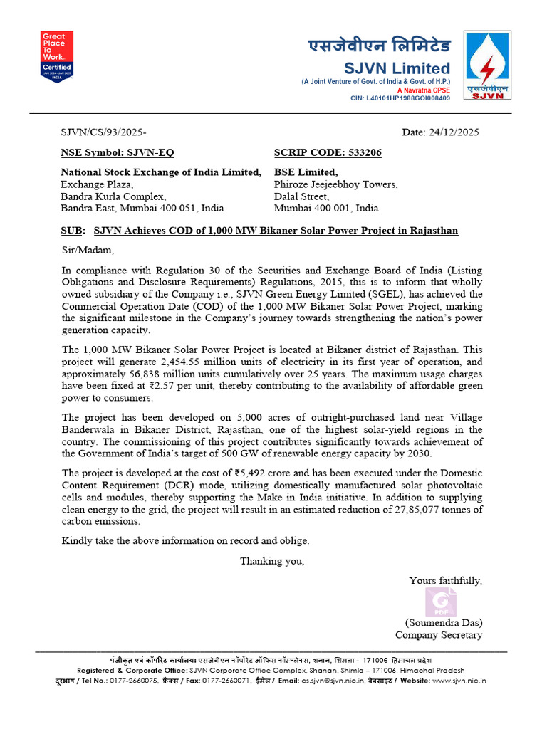 SJVN Limited: NSE Symbol: SJVN-EQ National Stock Exchange of India ...