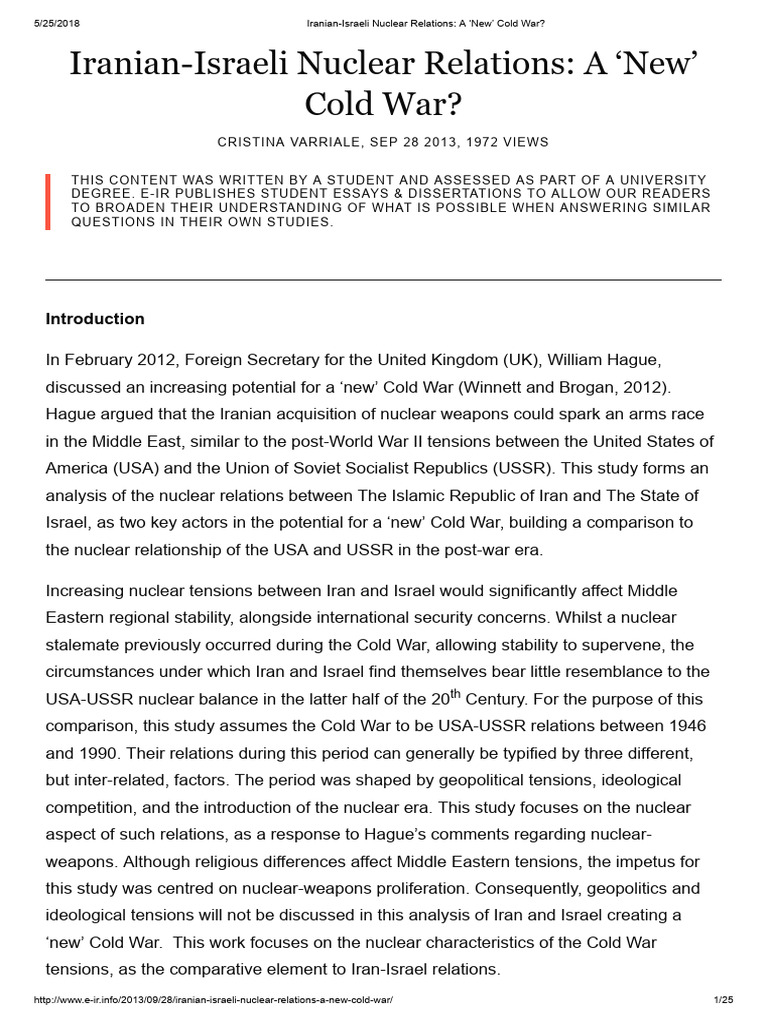 Iranian-Israeli Nuclear Relations - A New' Cold War | PDF | Nuclear ...