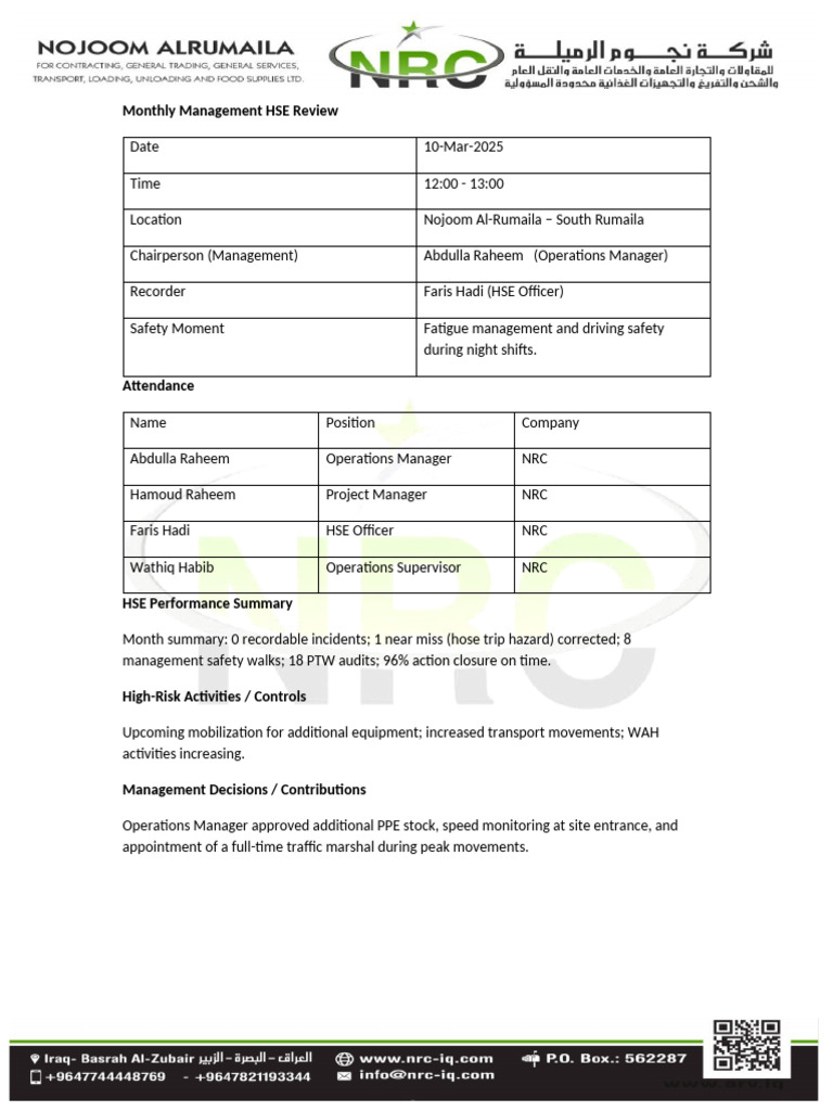 Monthly HSE Management Review Summary | PDF | Safety | Transport