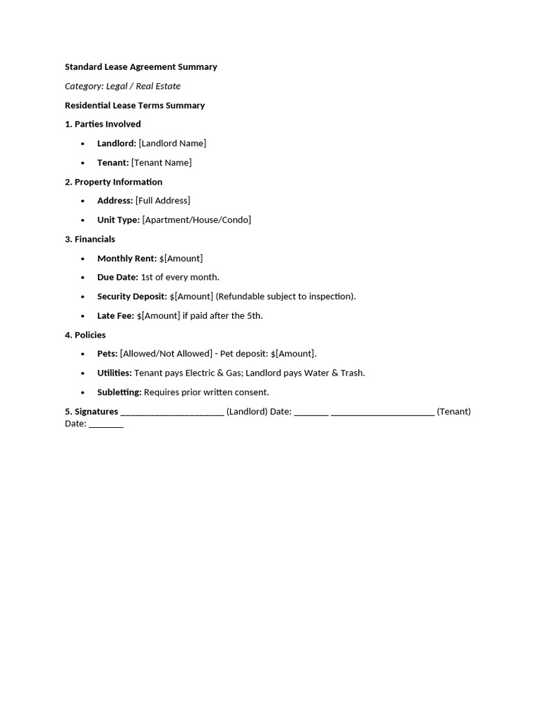 Standard Lease Agreement Summary | PDF