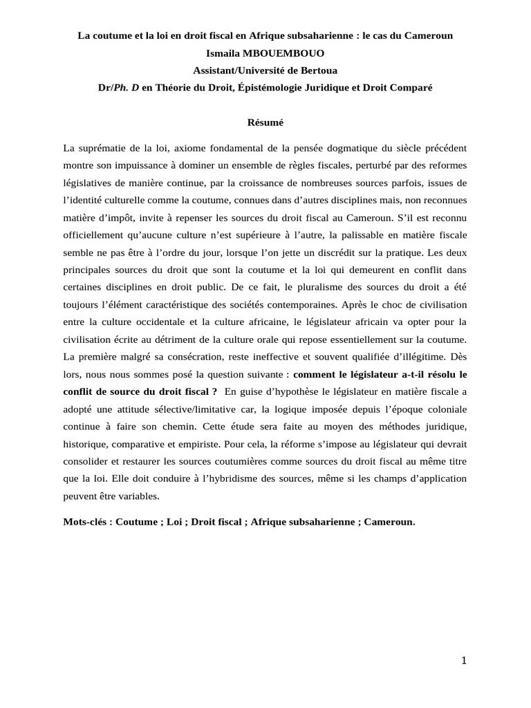 Coutume et loi en droit fiscal au Cameroun | PDF | Loi | Impôts