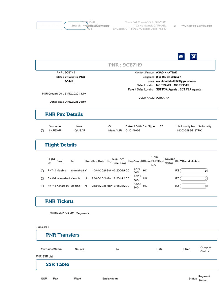 PNR Details for Abdul Qayyum's Flight | PDF | Computer Mediated ...