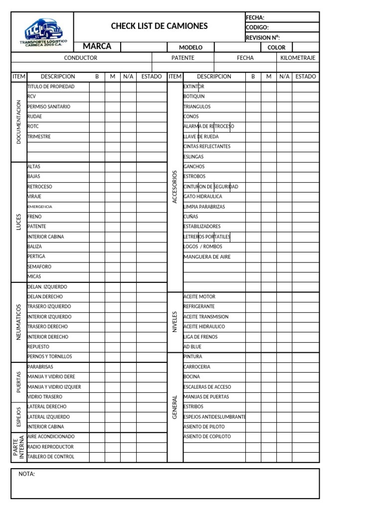 Check List Camiones Clca JPL 01 | PDF | Vehículos con tracción trasera ...