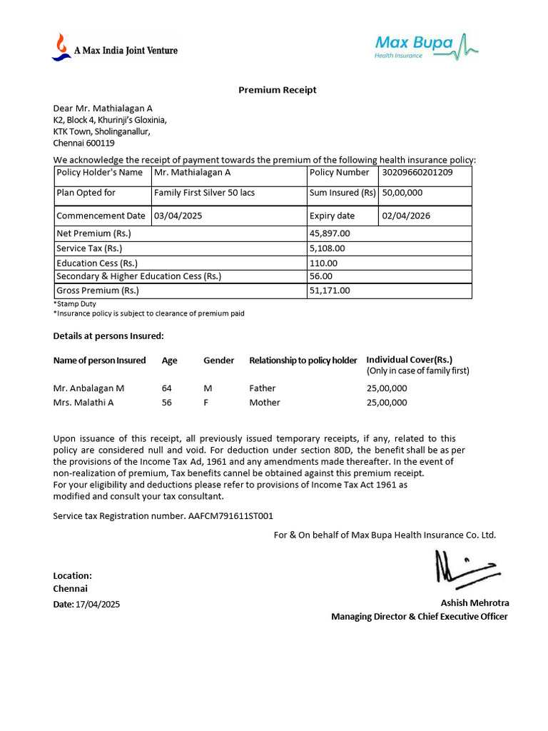 Health Insurance Premium Receipt | PDF