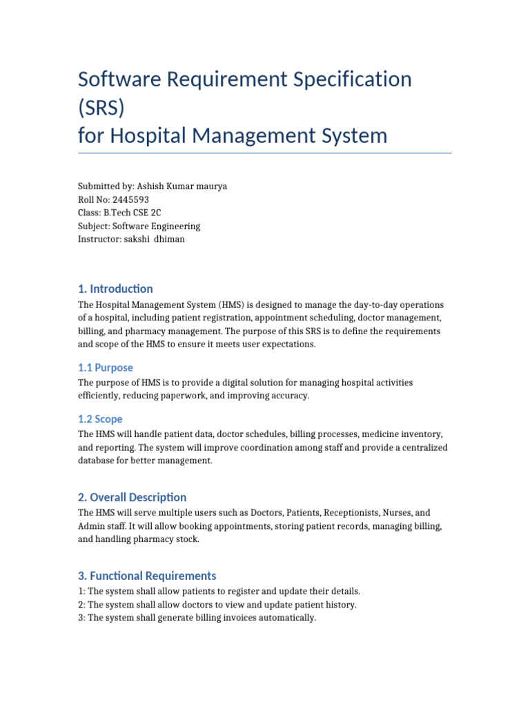 Hospital Management System SRS Document | PDF