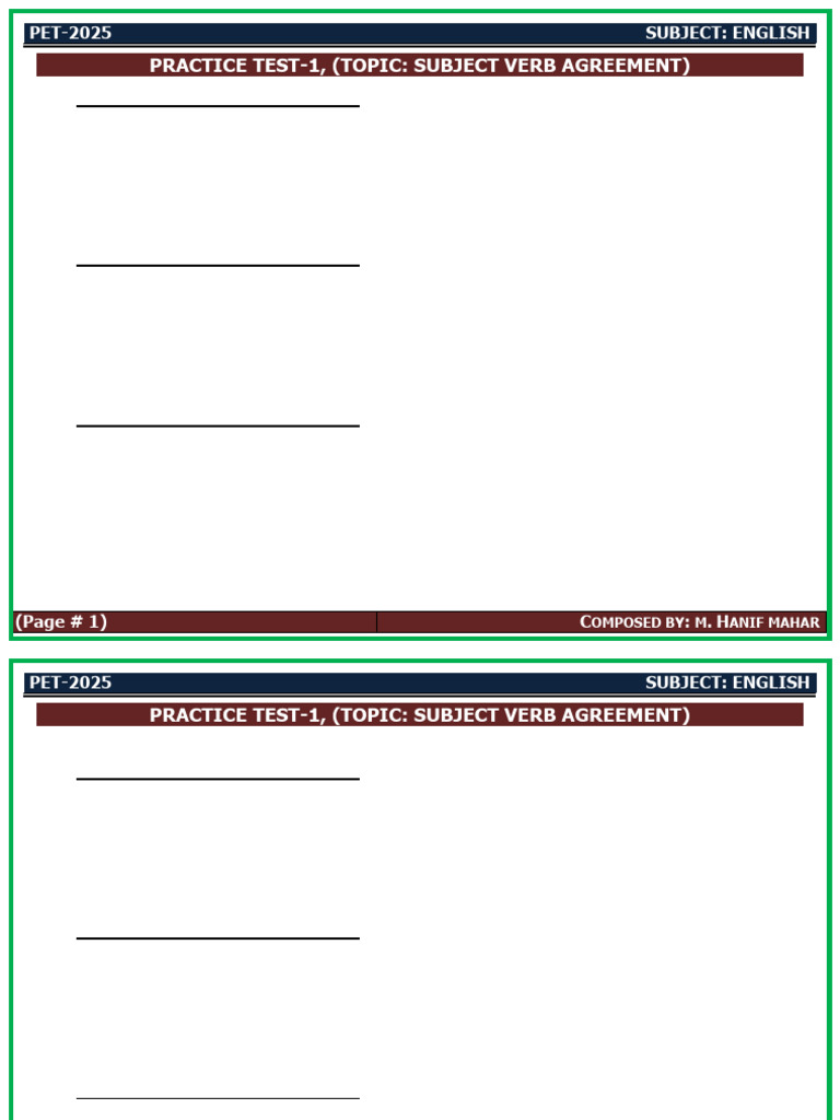 Practice Test 1 Topic Subject Verb Agreement | PDF | Subject (Grammar ...