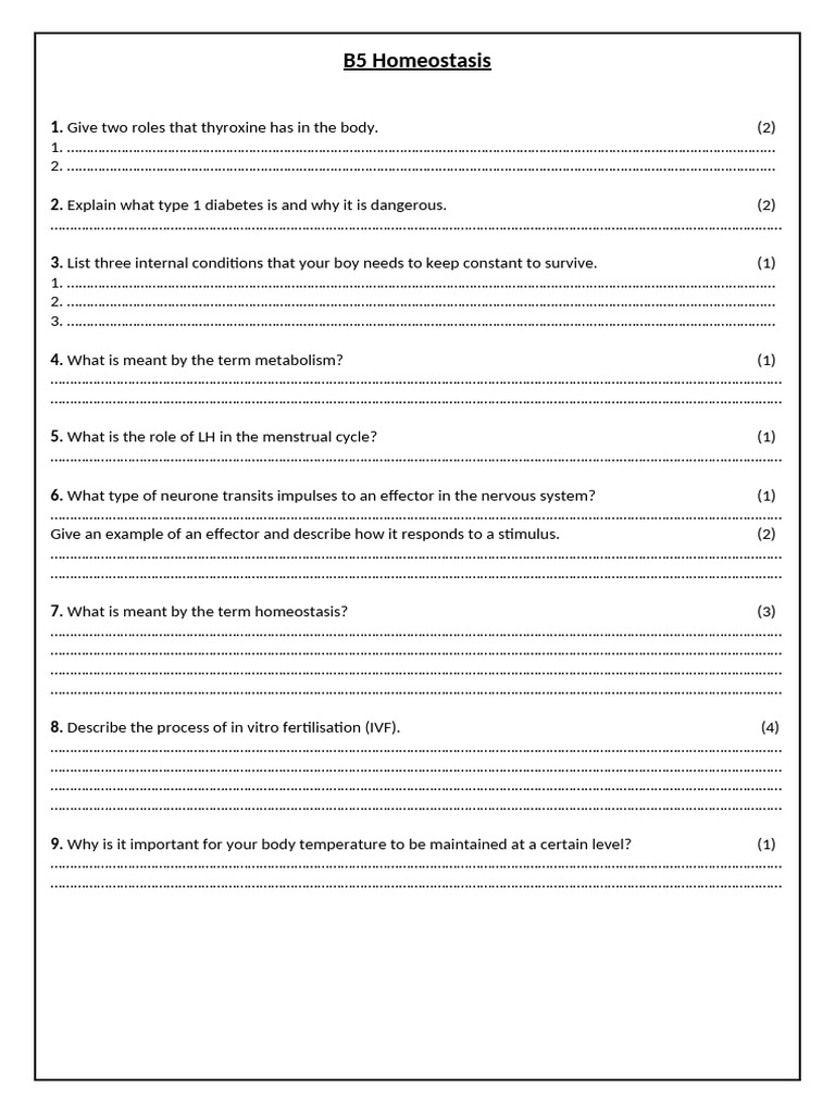 B5 Homeostasis Short Answer | PDF