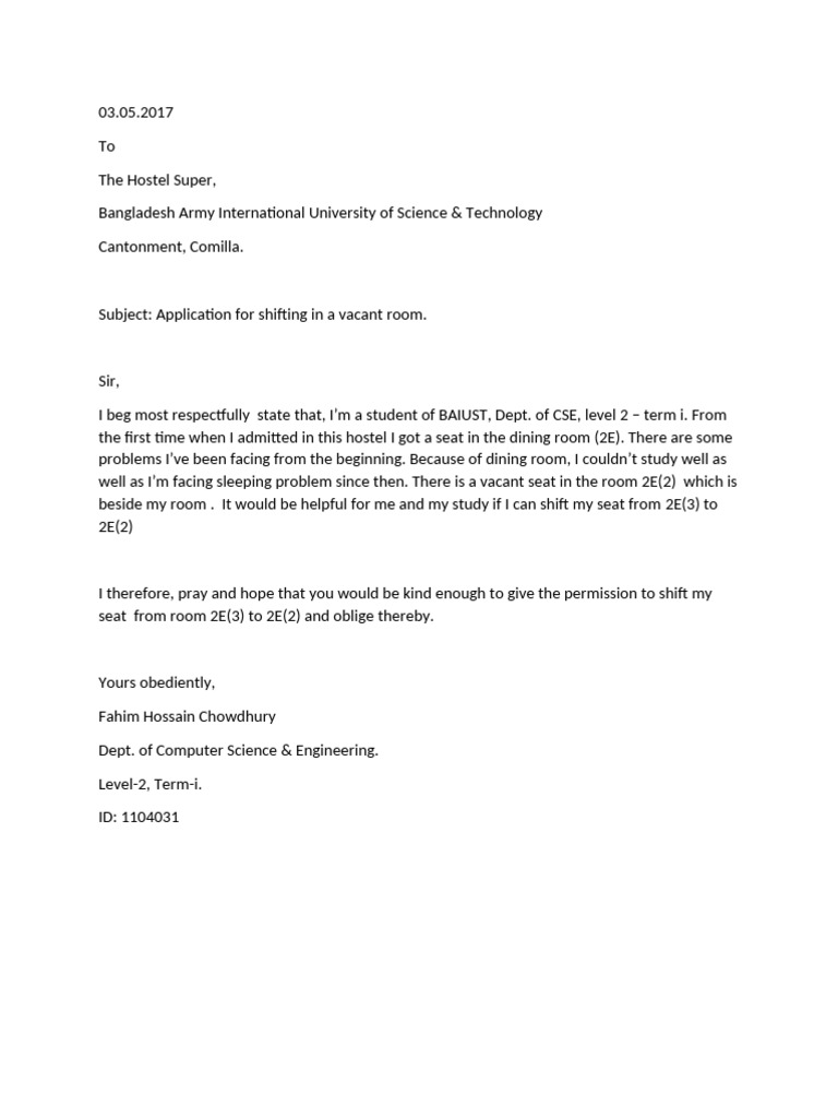 Application to Shift Hostel Room | PDF