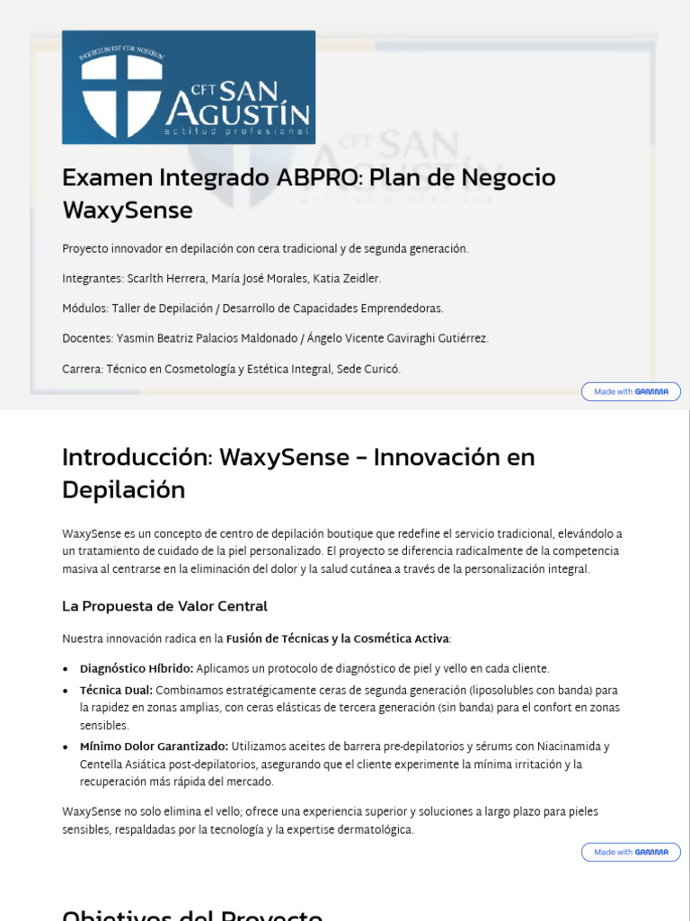 Examen Integrado ABPRO Plan de Negocio WaxySense (1) | PDF | Dolor | Piel