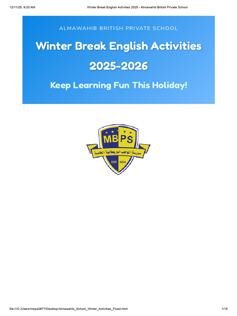 Winter Break English Activities 2025 | PDF | English Language | Phonics