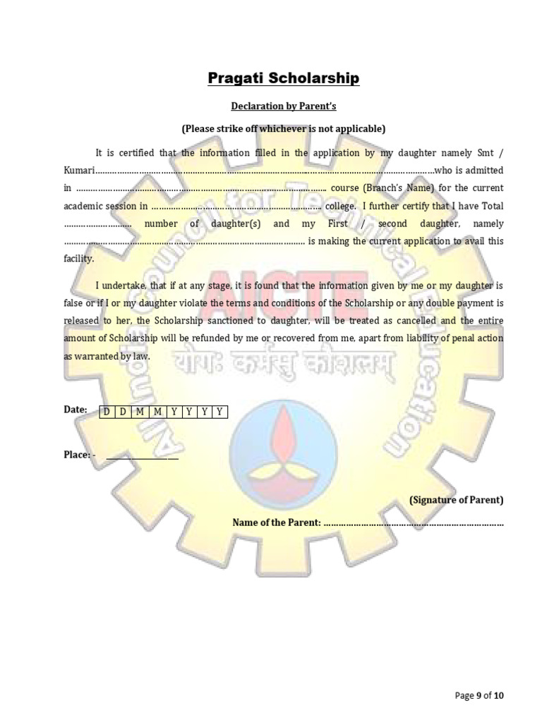 Pragati Scholarship Parent Declaration Form | PDF