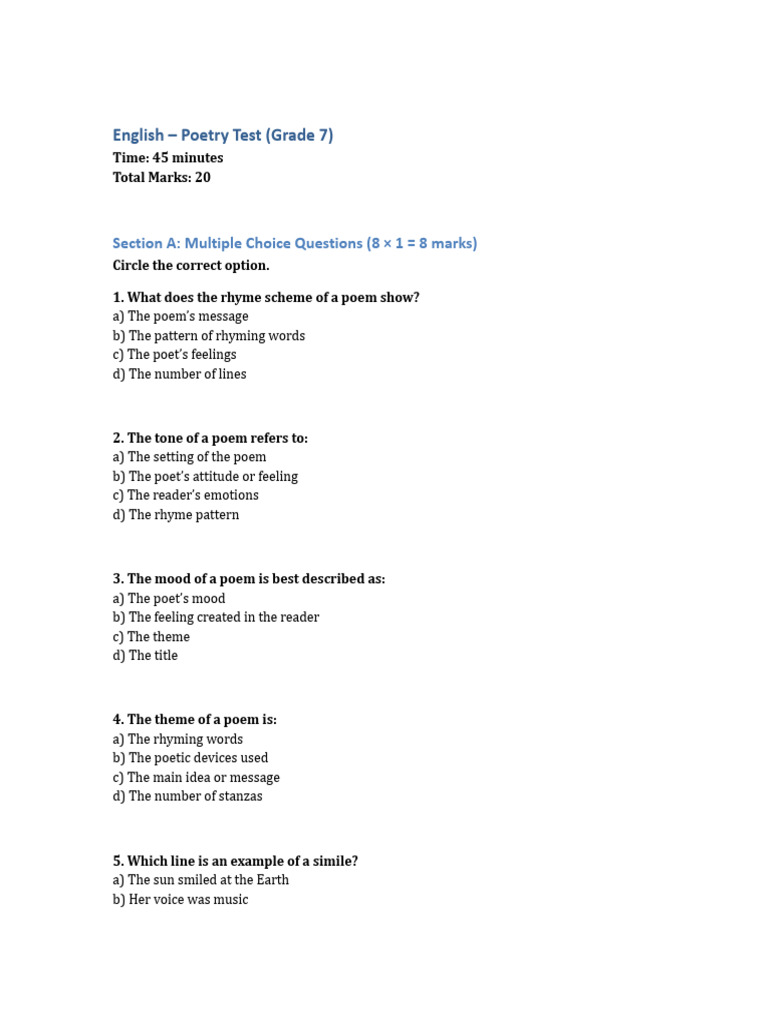 Grade 7 Poetry Test Questions | PDF