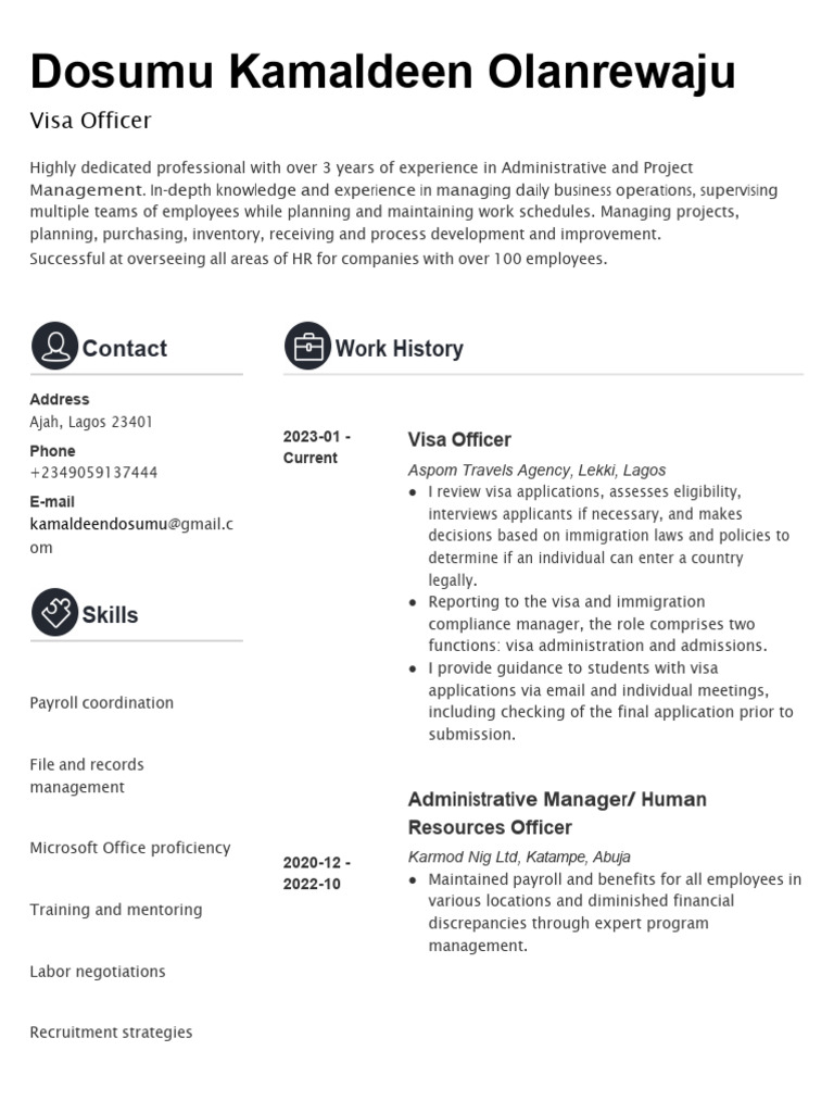 Visa Officer & HR Professional Resume | PDF | Employment | Business