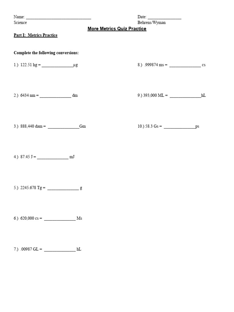 Metrics Conversion Quiz Practice | PDF