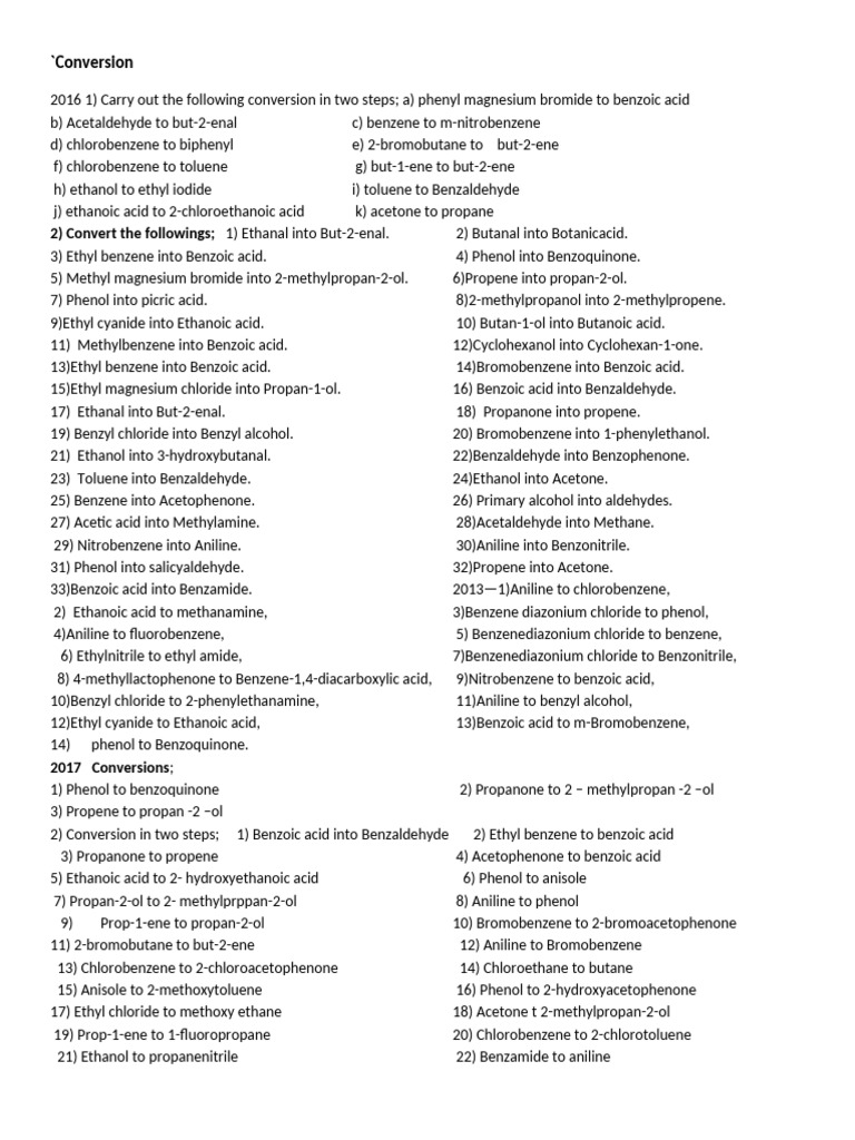 Organic Conversion Reactions Guide | PDF | Toluene | Benzene