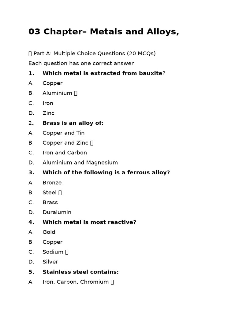 Metals and Alloys MCQs and Concepts | PDF | Metals | Alloy
