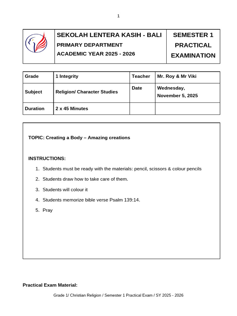 Grade 1 Religion Practical Exam Guide | PDF | Educational Stages