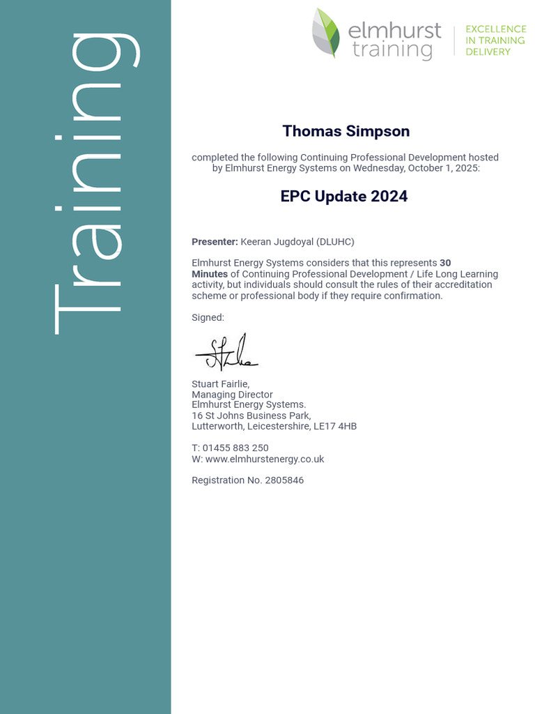 EPC Update 2024 CPD Certificate - Thomas Simpson | PDF