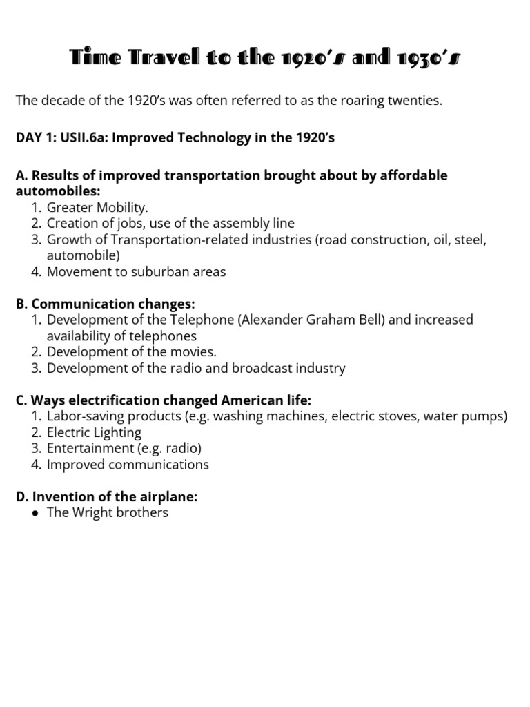 NOTES DAY 1 - Time Travel To The 1920s and 1930s | PDF | Roaring ...