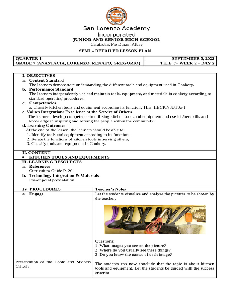 Tle 7 Week 2 Day 2 q1 Revised[1] | PDF | Kitchen | Kitchen Utensil