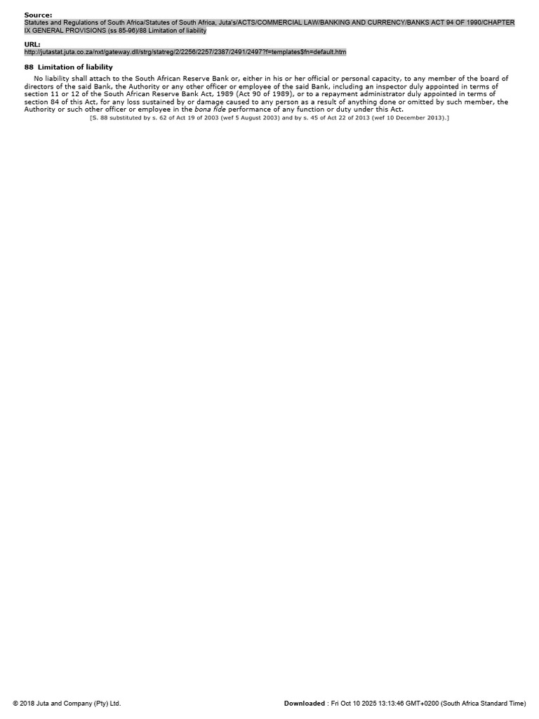 South Africa Banks Act Liability Limitations | PDF
