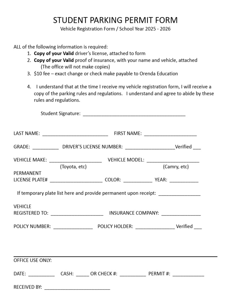 Student Parking Permit Application 2025-2026 | PDF