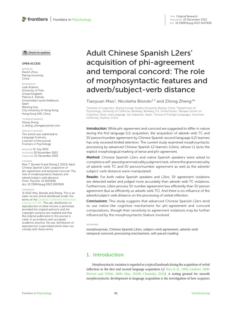 2022_Mao.etal_Adult Chinese Spanish L2ers’ acquisition of phi-agreement ...