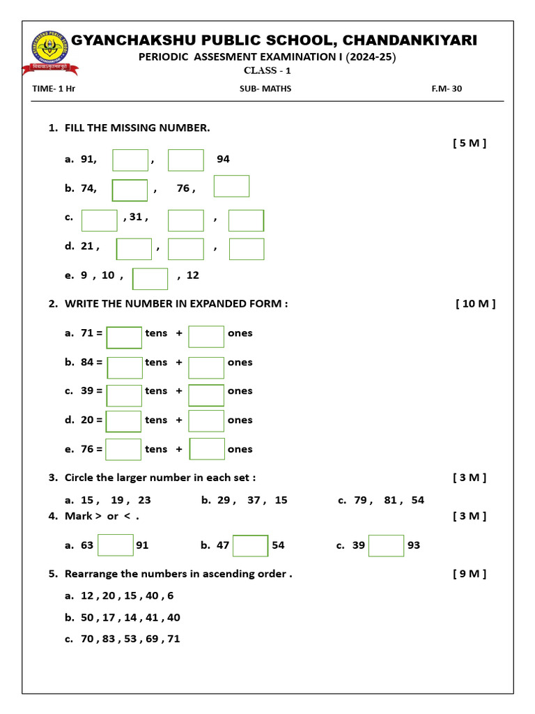 Class 1 Maths Exam Paper 2024-25 | PDF