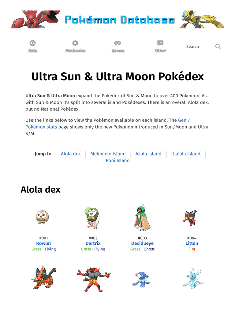 Pokémon Ultra Sun - Ultra Moon - Alola Pokédex - Pokémon Database | PDF ...
