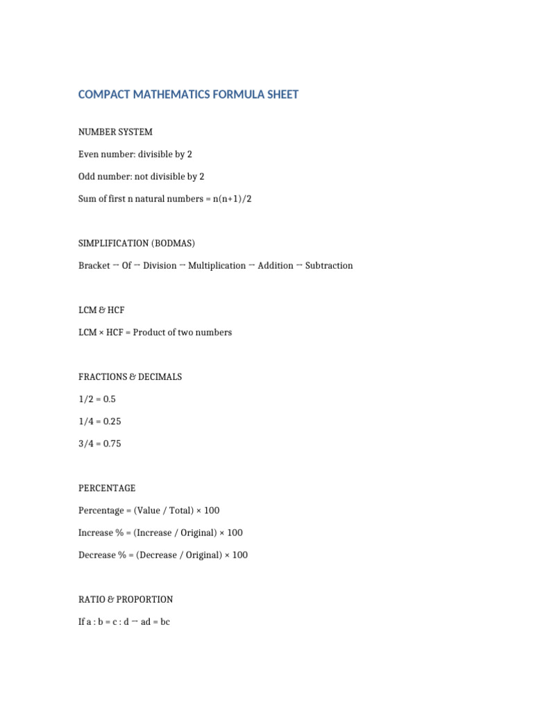 Compact Maths Formula Sheet | PDF