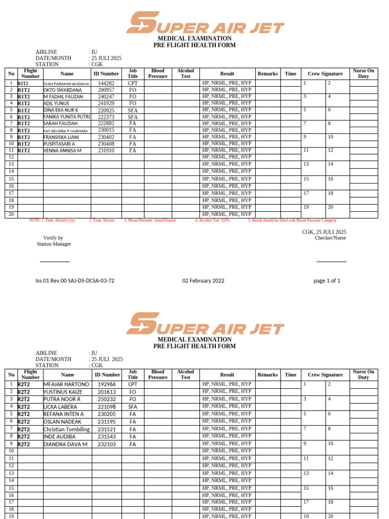 Pre-Flight Health Examination Form | PDF